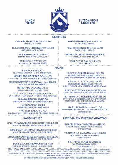 St Vincent Arms - Menus