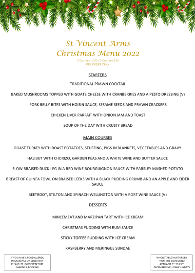 St Vincent Arms - Menus